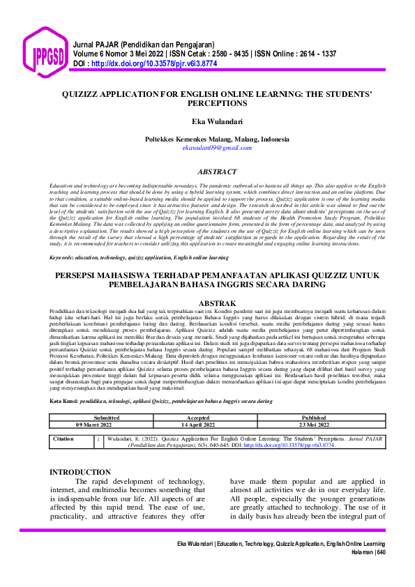 (PDF) Quizizz Application for English Online Learning: The Students’ Perceptions
