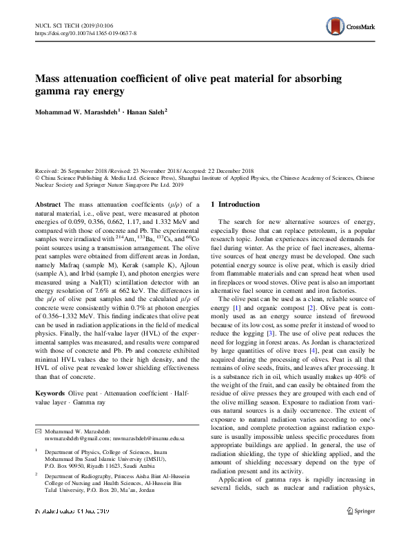 (PDF) Mass attenuation coefficient of olive peat material for absorbing ...
