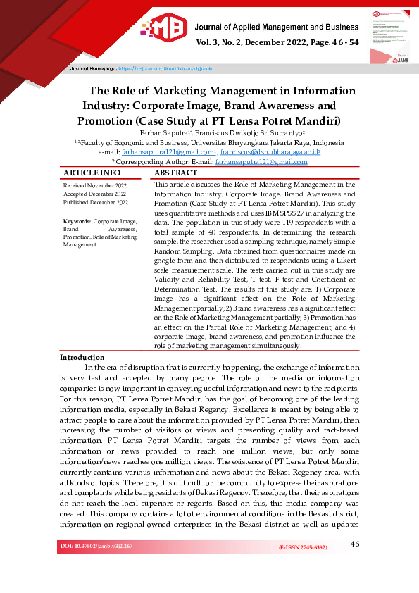 (PDF) The Role of Marketing Management in Information Industry: Corporate Image, Brand Awareness ...