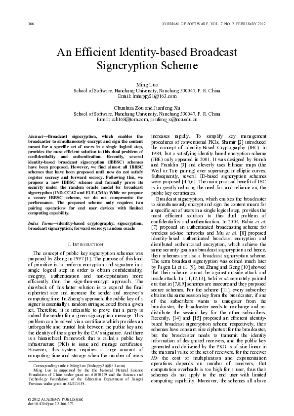 (PDF) An Efficient Identity-based Broadcast Signcryption Scheme