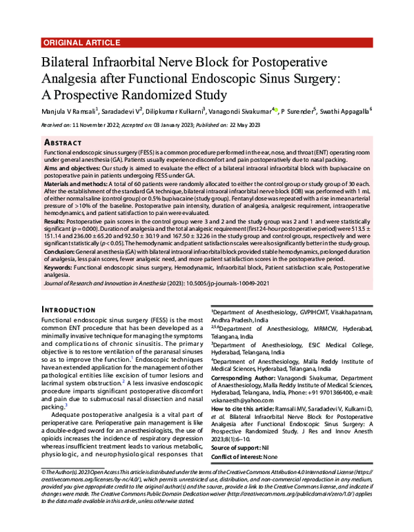 (PDF) Bilateral Infraorbital Nerve Block for Postoperative Analgesia ...