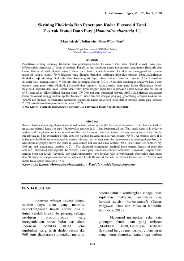 (PDF) Skrining Fitokimia Dan Penetapan Kadar Flavonoid Total Ekstrak Etanol Daun Pare (Momordica ...