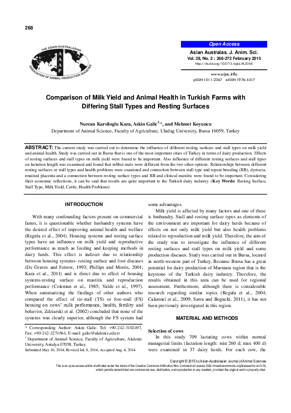 (PDF) Comparison of Milk Yield and Animal Health in Turkish Farms with ...