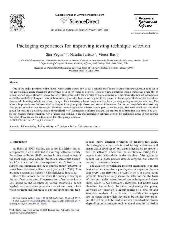 (PDF) Packaging experiences for improving testing technique selection ...