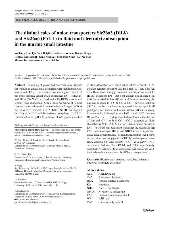 (PDF) The distinct roles of anion transporters Slc26a3 (DRA) and ...