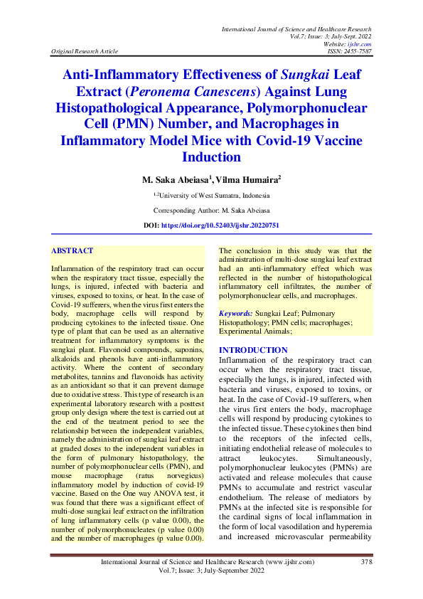 (PDF) Anti-Inflammatory Effectiveness of Sungkai Leaf Extract (Peronema Canescens) Against Lung ...