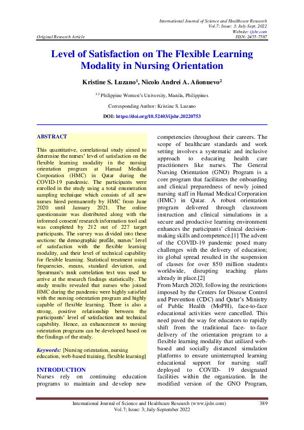 Pdf Level Of Satisfaction On The Flexible Learning Modality In Nursing Orientation