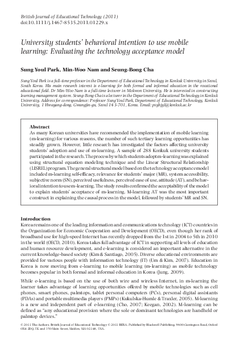 (PDF) University students' behavioral intention to use mobile learning: Evaluating the ...