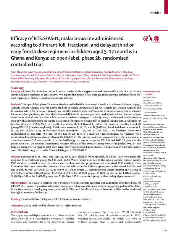 (PDF) Efficacy of RTS,S/AS01E malaria vaccine administered according to ...