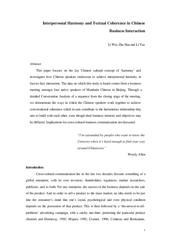 (PDF) Interpersonal harmony and textual coherence in Chinese business ...