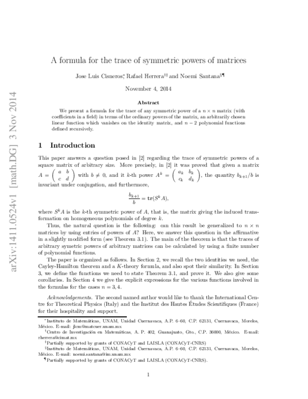 (PDF) A formula for the trace of symmetric powers of matrices
