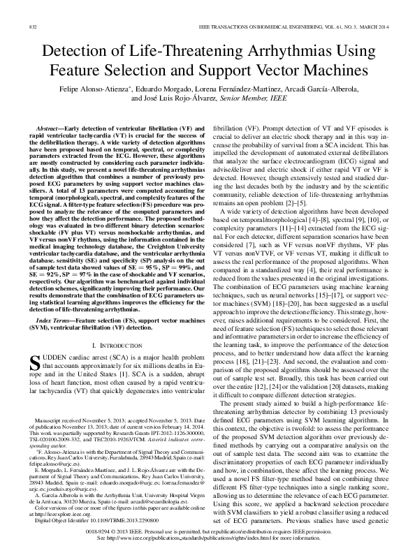 (PDF) Detection of Life-Threatening Arrhythmias Using Feature Selection and Support Vector Machines