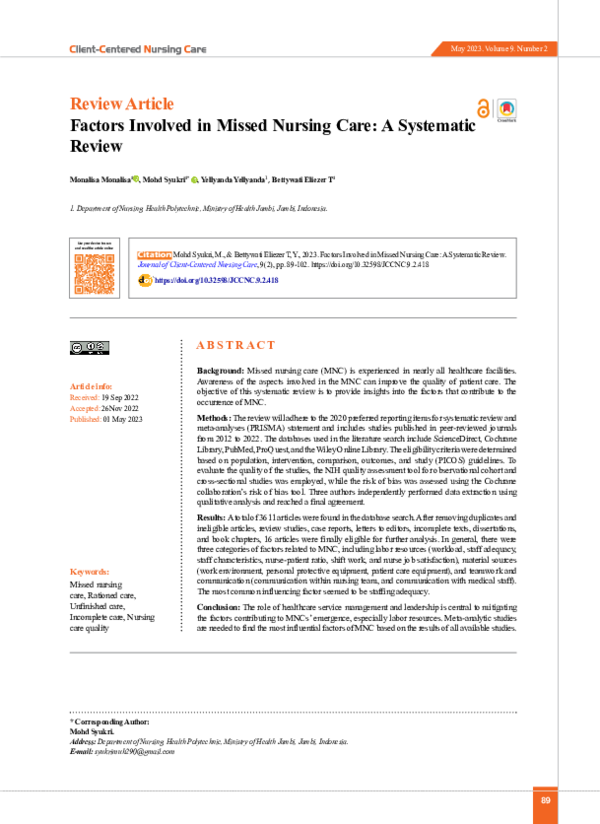 (PDF) Factors Involved in Missed Nursing Care: A Systematic Review ... (PDF) Factors Involved in Missed Nursing Care: A Systematic Review ...