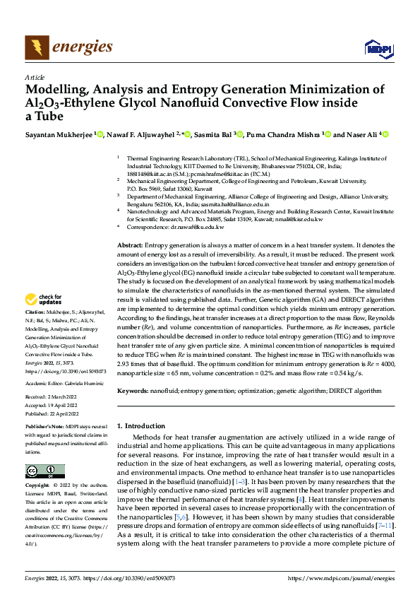 (PDF) Modelling, Analysis and Entropy Generation Minimization of Al2O3-Ethylene Glycol Nanofluid ...