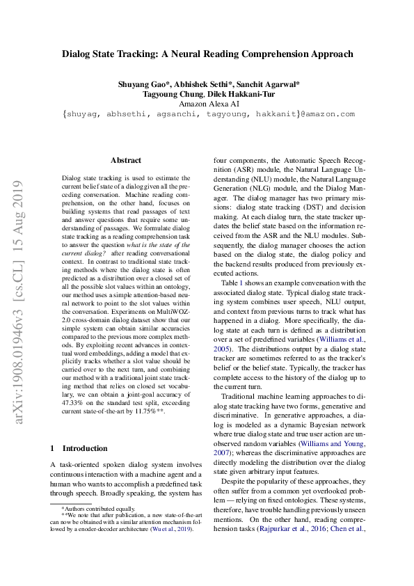 (PDF) Dialog State Tracking: A Neural Reading Comprehension Approach