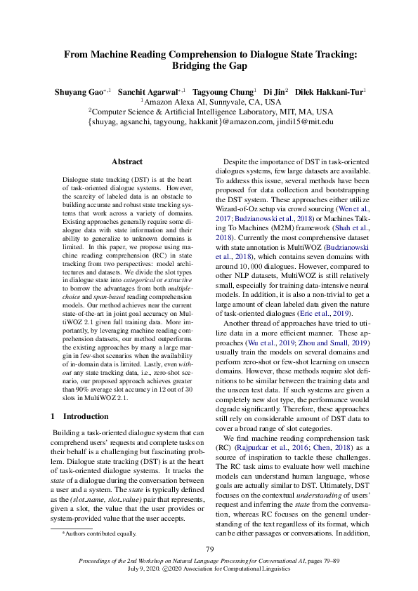 (PDF) From Machine Reading Comprehension to Dialogue State Tracking: Bridging the Gap