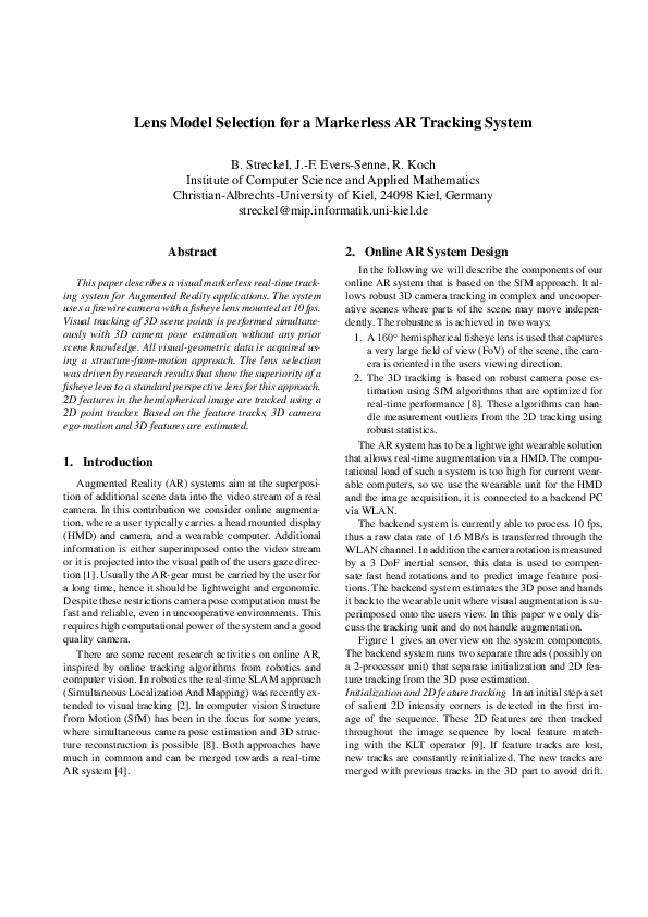 (PDF) Lens model selection for a markerless AR tracking system