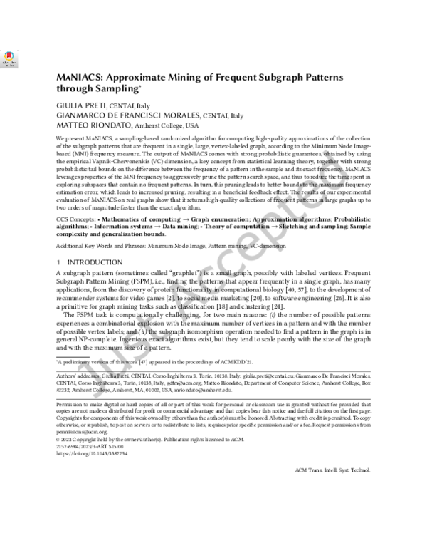 Pdf Maniacs Approximate Mining Of Frequent Subgraph Patterns Through Sampling Giulia Preti 0483