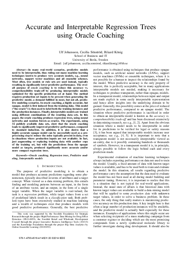 Pdf Accurate And Interpretable Regression Trees Using Oracle Coaching