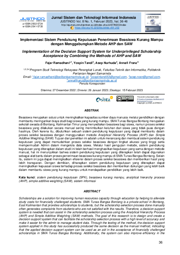 (PDF) Implementasi Sistem Pendukung Keputusan Penerimaan Beasiswa Kurang Mampu dengan ...