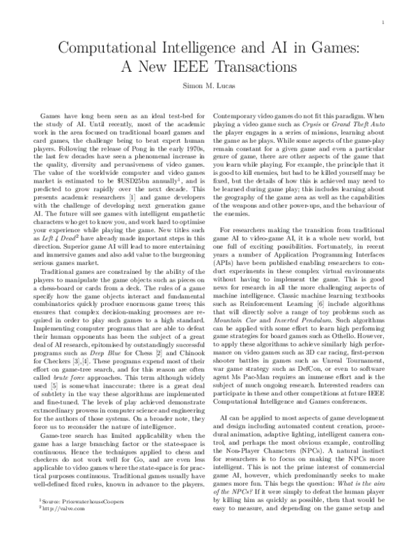 Pdf Computational Intelligence And Ai In Games A New Ieee Transactions