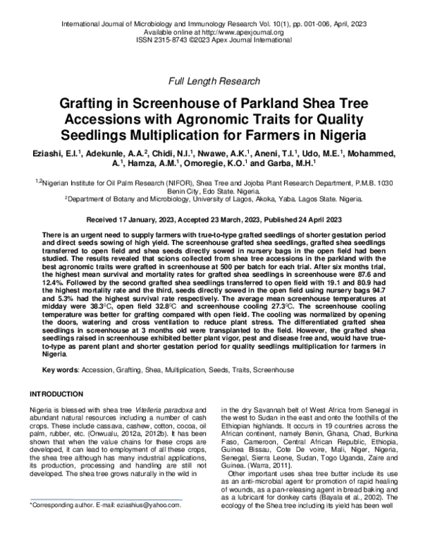 (PDF) Grafting in Screenhouse of Parkland Shea Tree Accessions with ...