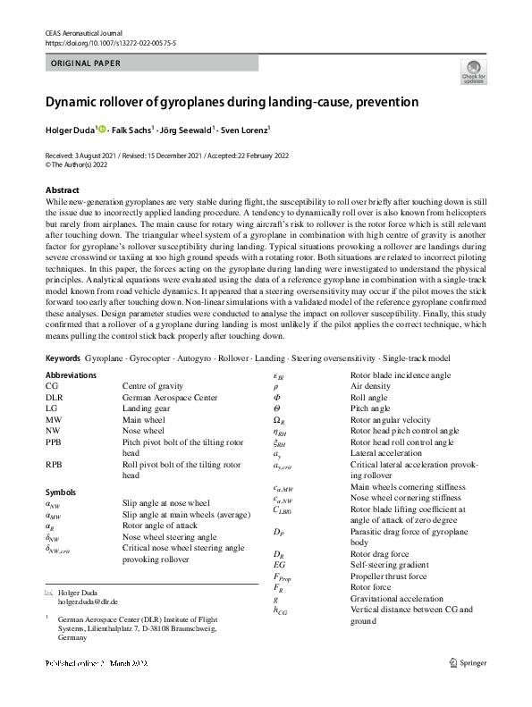 (PDF) Dynamic Rollover of Gyroplanes during Landing—Cause and Prevention
