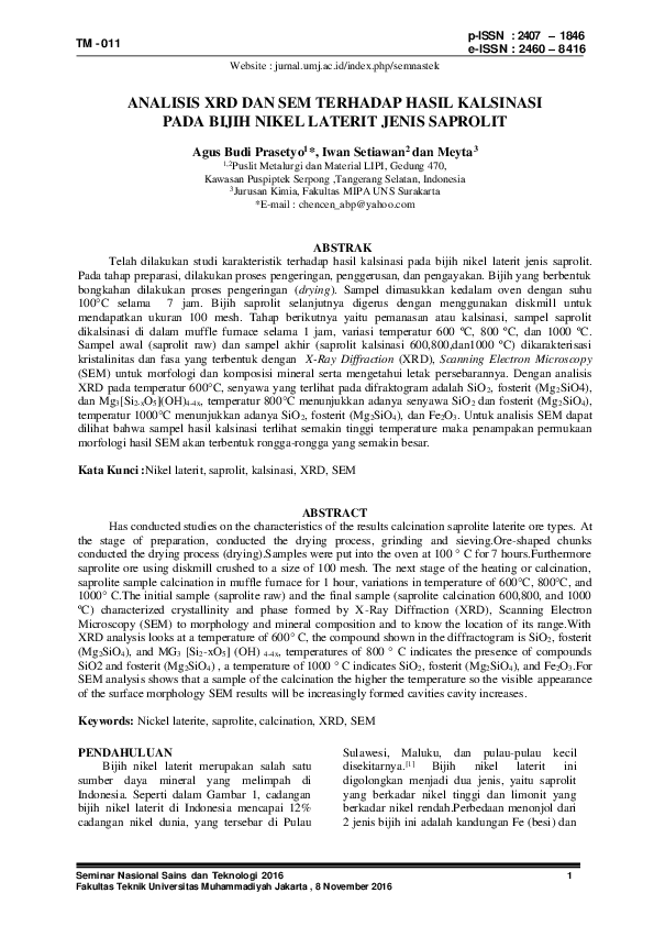 (PDF) Analisis XRD Dan Sem Terhadap Hasil Kalsinasi Pada Bijih Nikel Laterit Jenis Saprolit