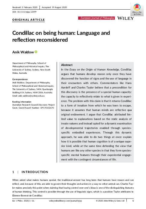 (PDF) Condillac on being human: Language and reflection reconsidered