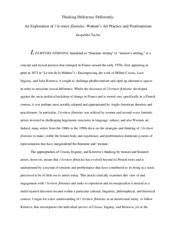 (PDF) Thinking Difference Differently: An Exploration of l'écriture féminine, Women's Art ...