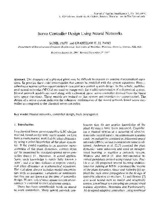 Pdf Servo Controller Design Using Neural Networks