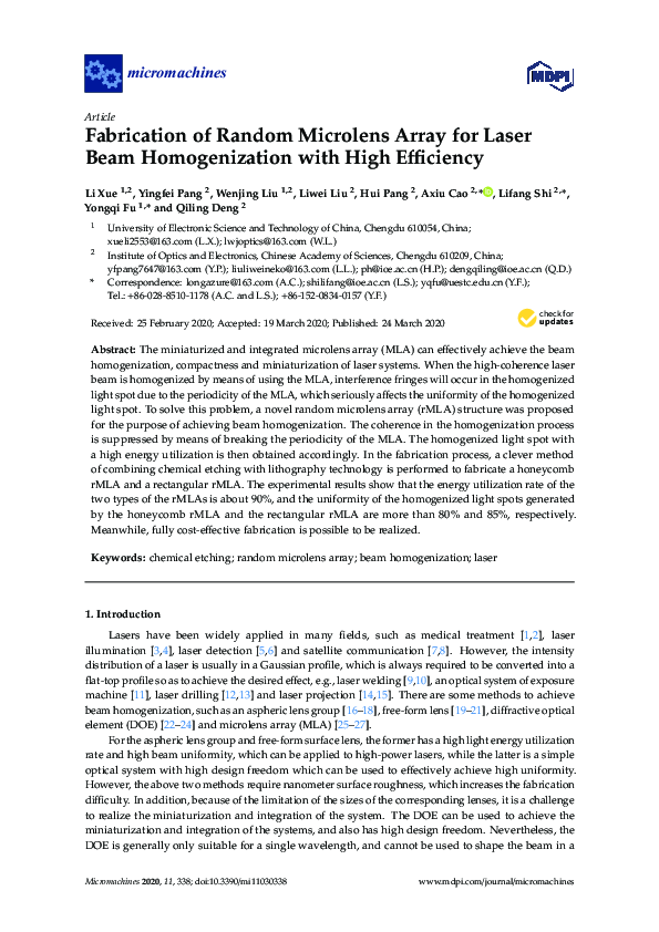 (PDF) Fabrication of Random Microlens Array for Laser Beam Homogenization with High Efficiency