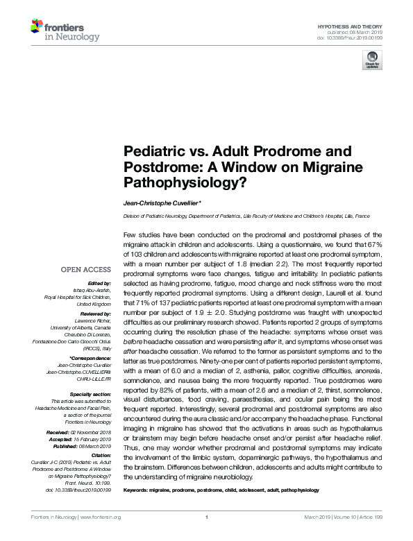 (PDF) Pediatric vs. Adult Prodrome and Postdrome: A Window on Migraine ...