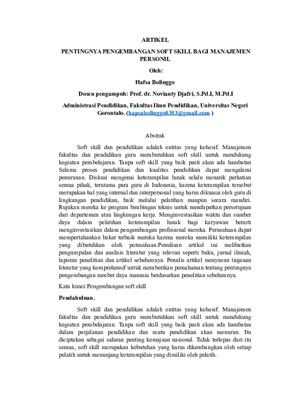 (DOC) PENTINGNYA PENGEMBANGAN SOFT SKILL BAGI MANAJEMEN PERSONIL Oleh: Hafsa Bolinggo Dosen ...