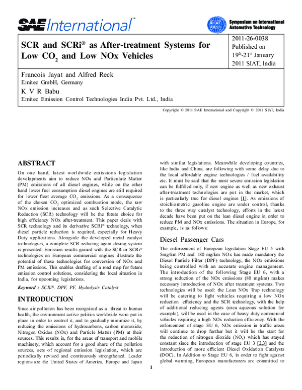 (PDF) SCR and SCRi® as After-treatment Systems for Low CO2 and Low NOx Vehicles