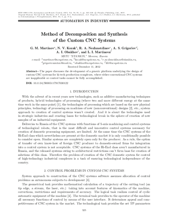 (PDF) Method of decomposition and synthesis of the custom CNC systems