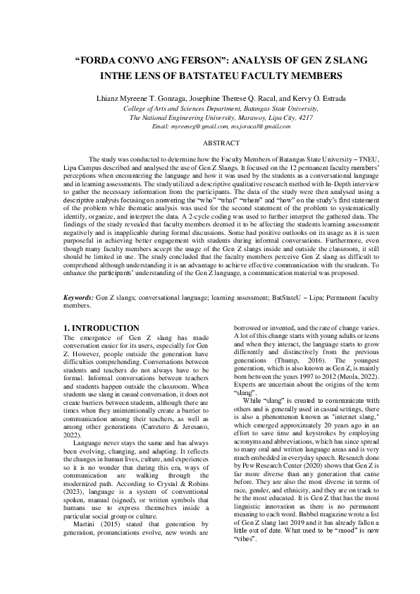 (PDF) "FORDA CONVO ANG FERSON": ANALYSIS OF GEN Z SLANG IN THE LENS OF ...