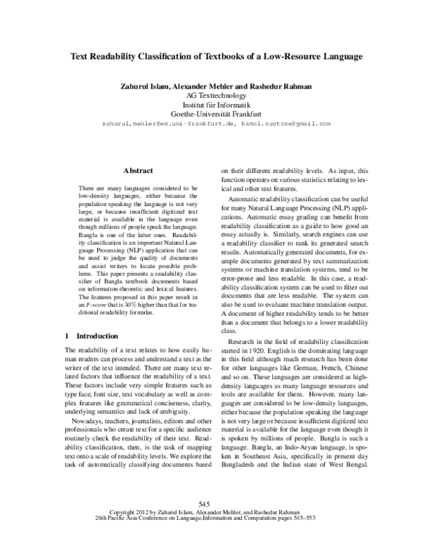 (PDF) Text Readability Classification of Textbooks of a Low-Resource ...
