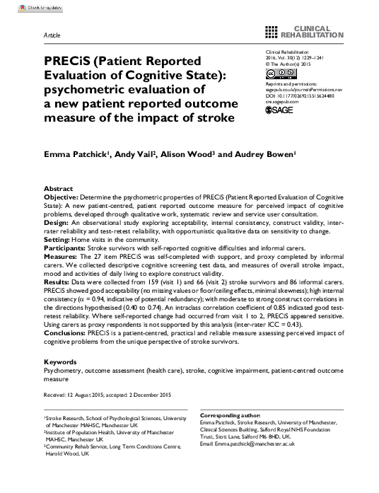 (PDF) PRECiS (Patient Reported Evaluation of Cognitive State): Psychometric evaluation of a new ...
