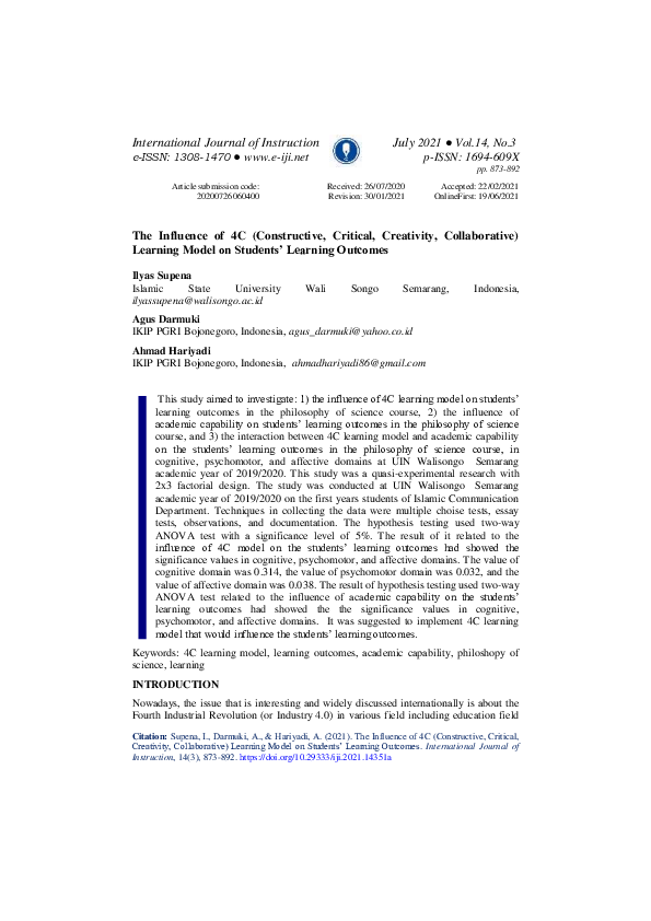 (PDF) The Influence of 4C (Constructive, Critical, Creativity ...