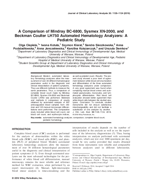 (PDF) A Comparison of Mindray BC-6800, Sysmex XN-2000, and Beckman ...
