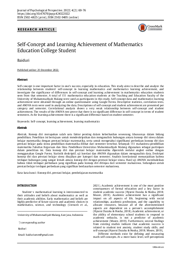 (PDF) Self-Concept and Learning Achievement of Mathematics Education College Student