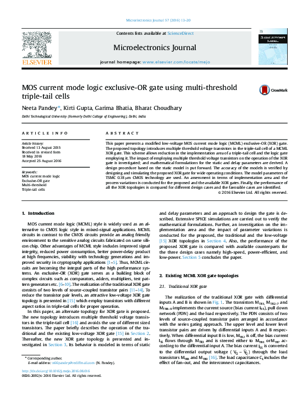 (PDF) MOS current mode logic exclusive-OR gate using multi-threshold triple-tail cells