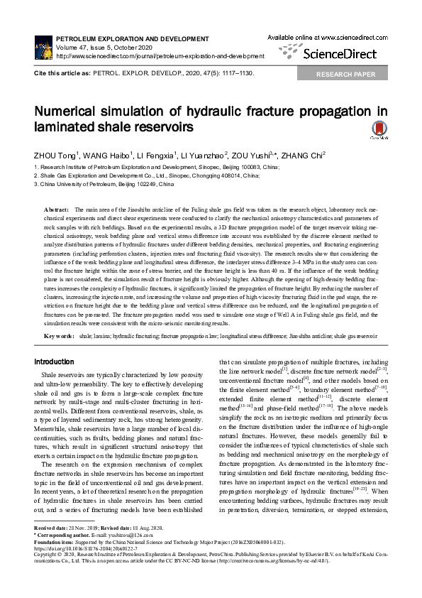 Pdf Numerical Simulation Of Hydraulic Fracture Propagation In Shale