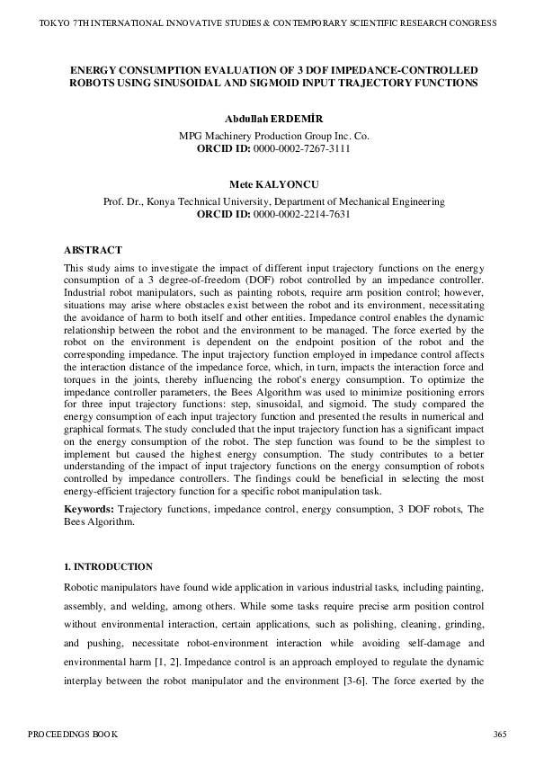 Pdf Energy Consumption Evaluation Of 3 Dof Impedance Controlled Robots Using Sinusoidal And