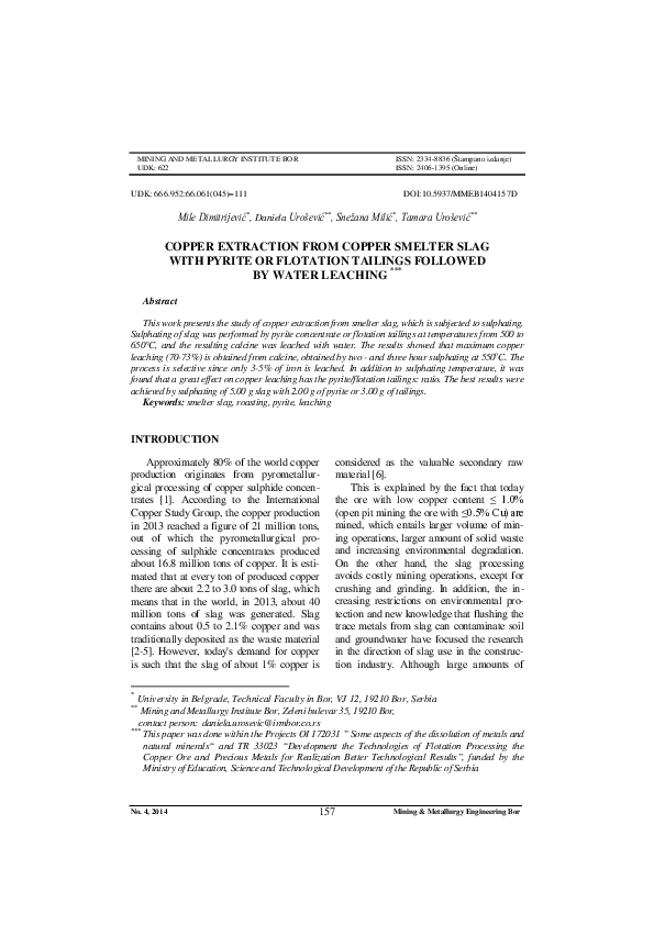 (PDF) Copper extraction from copper smelter slag with pyrite or ...