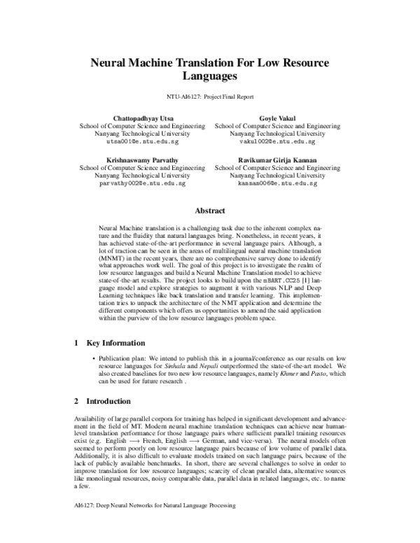 (PDF) Neural Machine Translation For Low Resource Languages NTU-AI6127 ...
