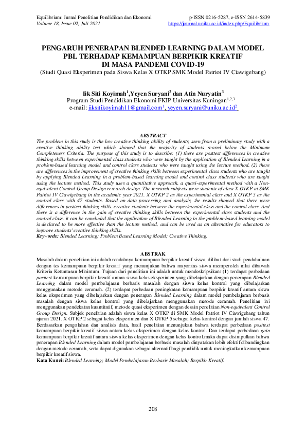 (PDF) Pengaruh Penerapan Blended Learning Dalam Model Pembelajaran Berbasis Masalah (PBL ...