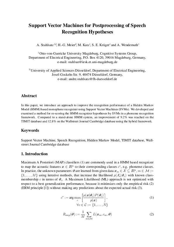 (PDF) Support vector machines for postprocessing of speech recognition hypotheses