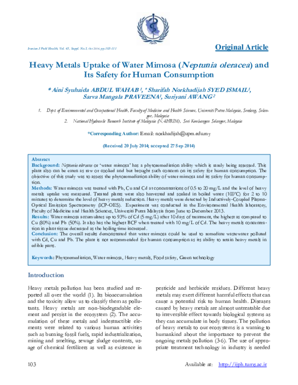 (PDF) Heavy Metals Uptake of Water Mimosa (Neptunia oleracea) and Its ...